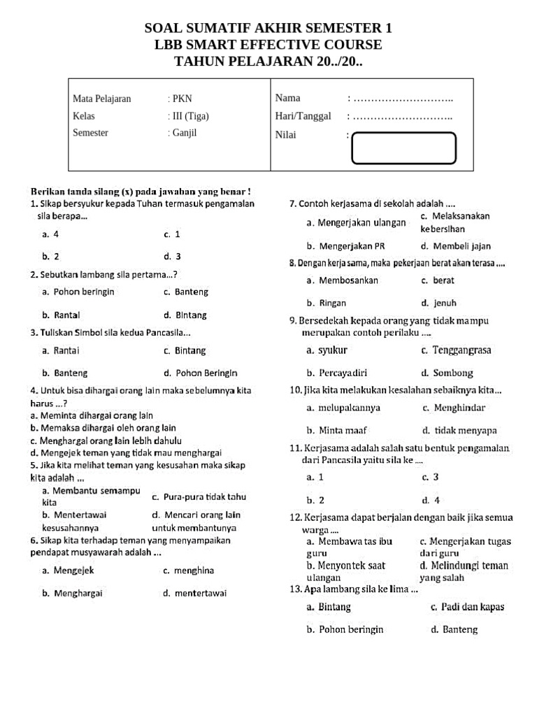 Soal Pas PKN Kelas 3 | PDF
