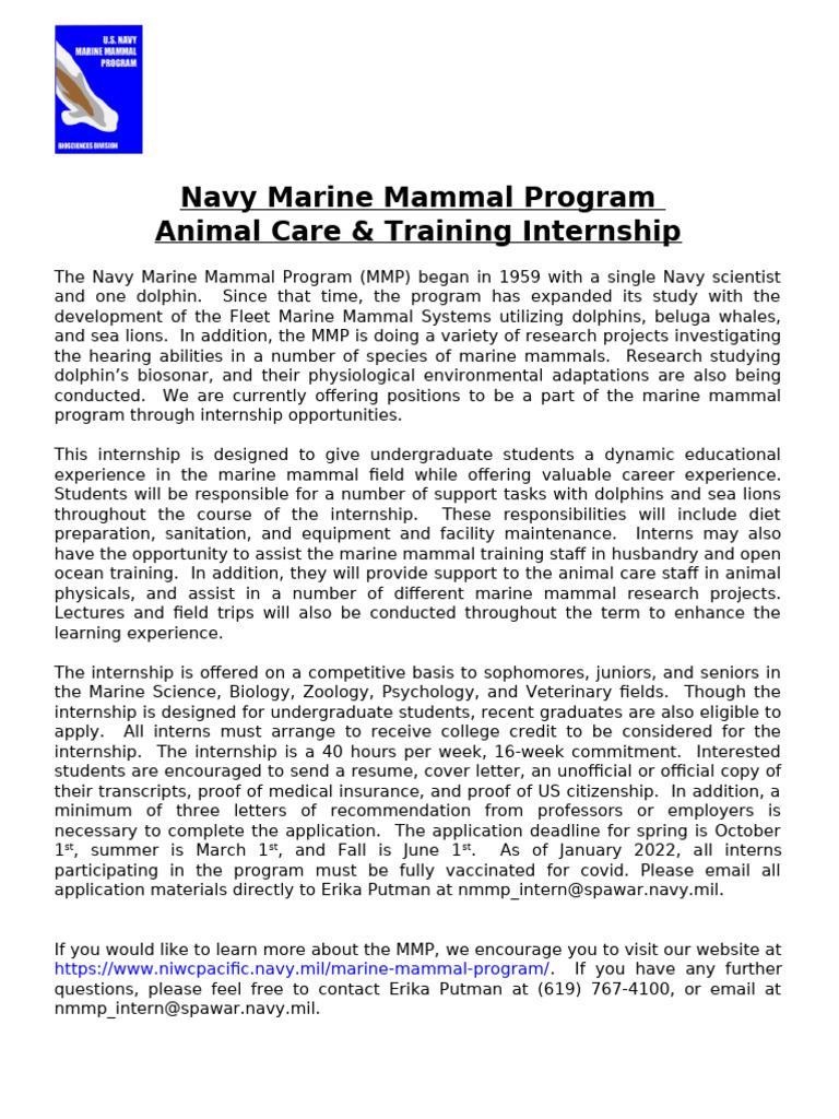 MMP Animal Care Training Internship Info 2022 | PDF | Marine Mammals ...