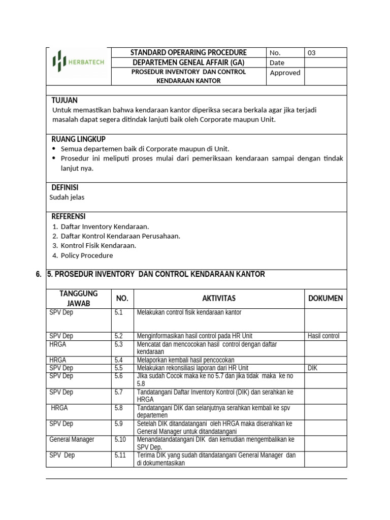 SOP Inventory - Control Kendaraan PT. Herbatech | PDF