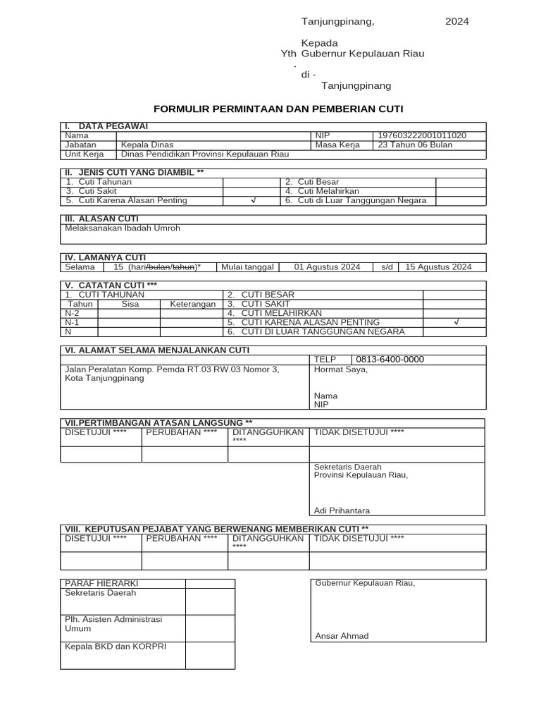 Contoh Form Cuti Kepala OPD | PDF
