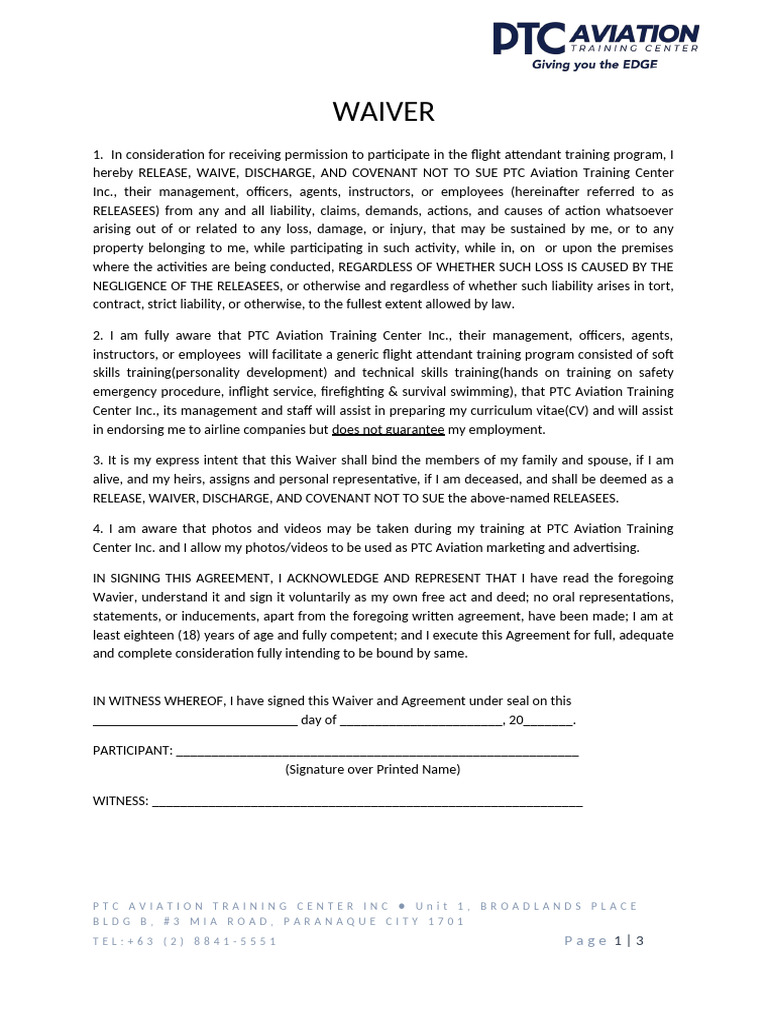 PTC Waiver | PDF | Legal Liability | Civil Law (Legal System)