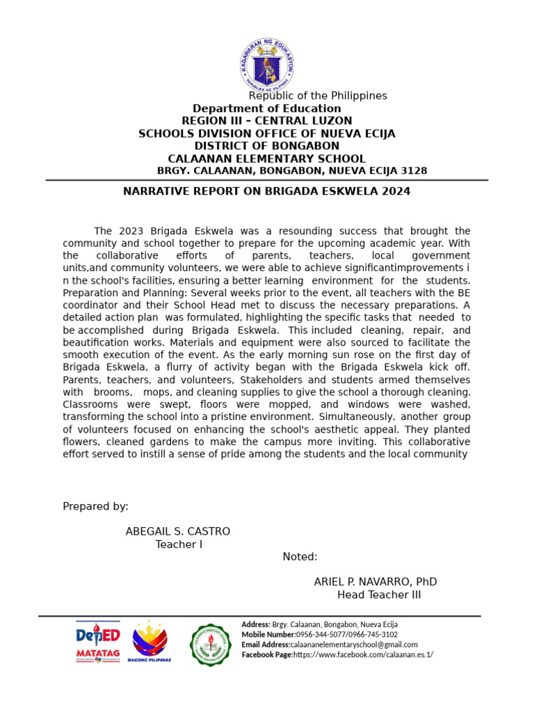 Narrative Report On Brigada Eskwela 2024 | PDF | Human Communication ...
