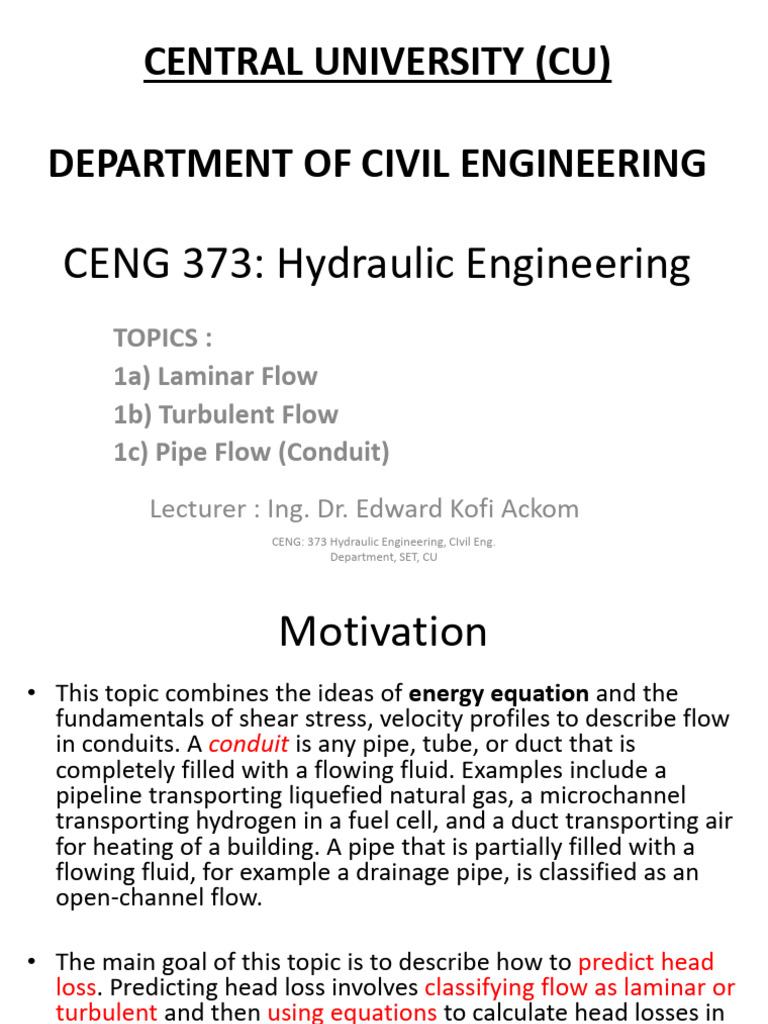 CENG 372 Hydraulic Engineering Chap 1 Pipe Flow | PDF | Fluid Dynamics | Reynolds Number