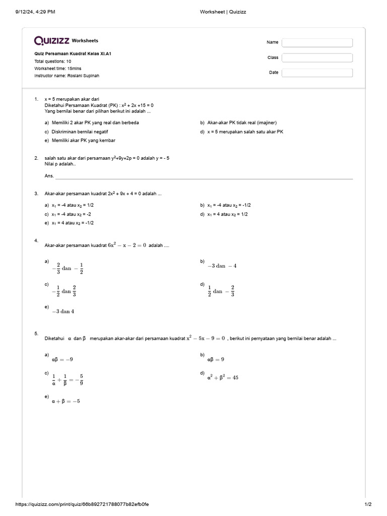 Worksheet - Quizizz | PDF