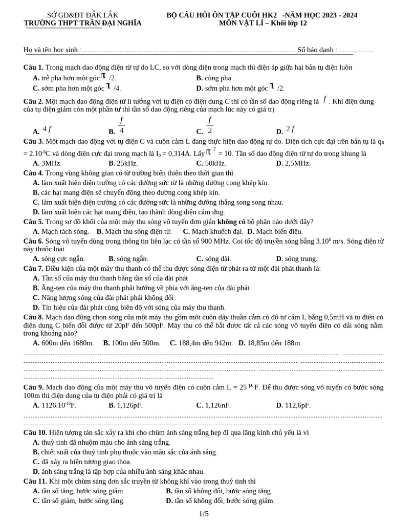 Bộ Câu Hỏi Ôn Tập Cuối HK2 | PDF