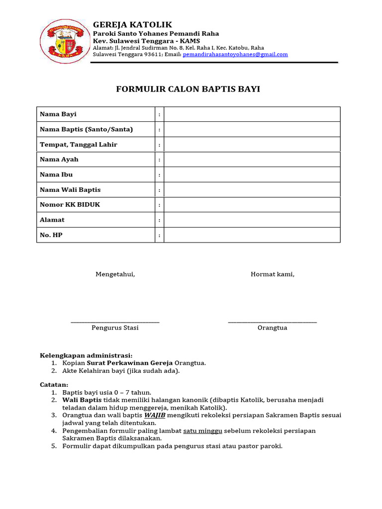 Formulir Pendaftaran Baptis Bayi 2024 | PDF