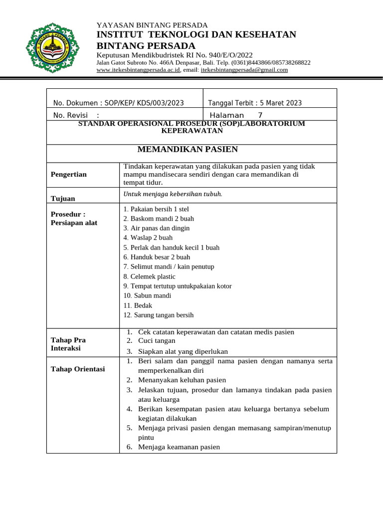 SOP Memandikan Pasien di Rumah Sakit | PDF