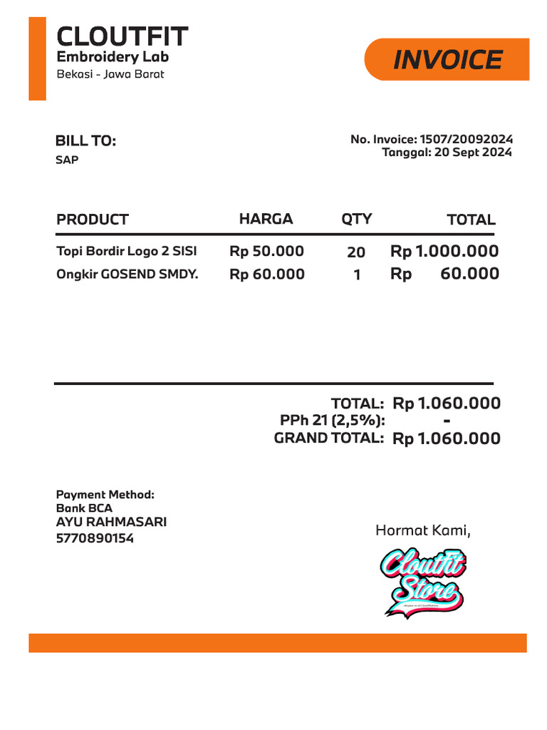 Invoice for Embroidered Caps and Shipping | PDF