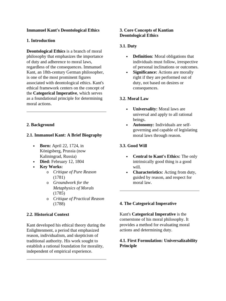 Ethics Deontology FactSheet | PDF | Immanuel Kant | Morality
