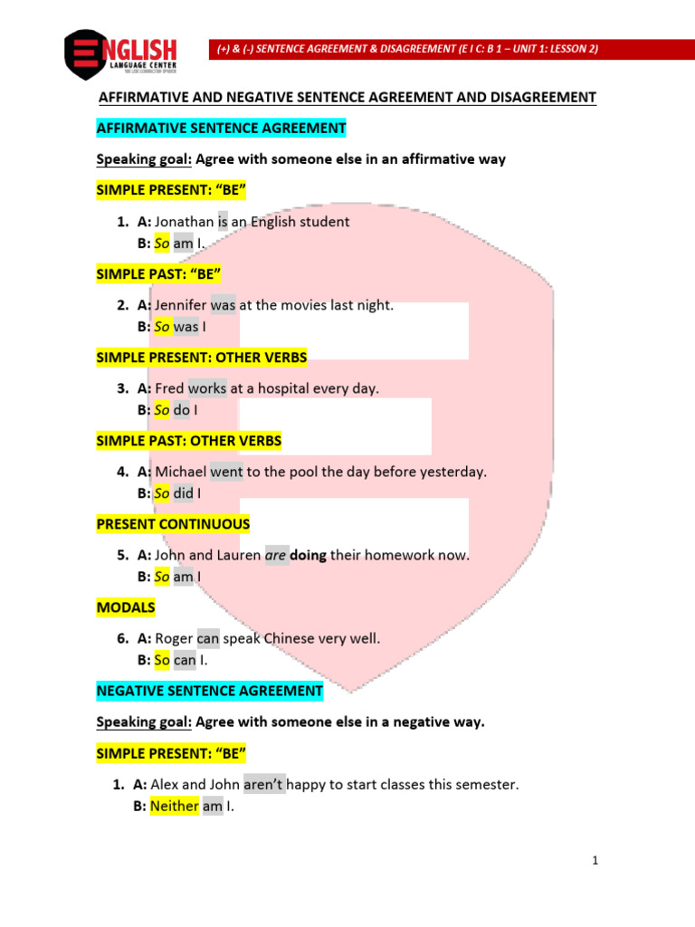 Affirmative - Negative Sentence Agreement and Disagreement - Lesson 2 ...