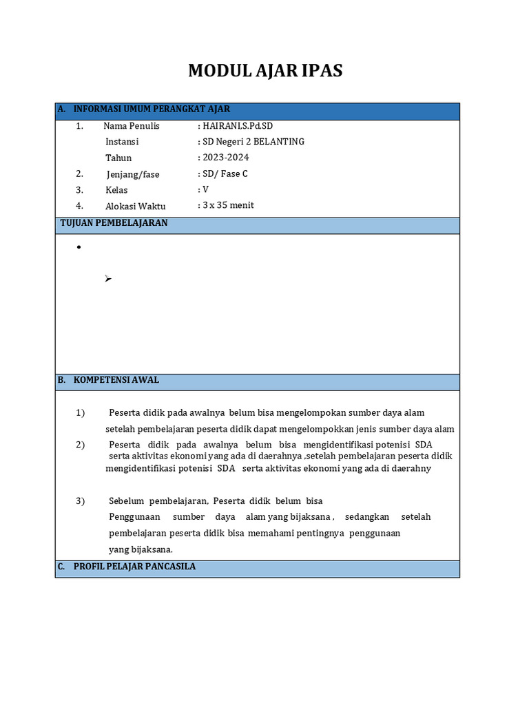 Modul Ajar Ipas Hairani Acc | PDF
