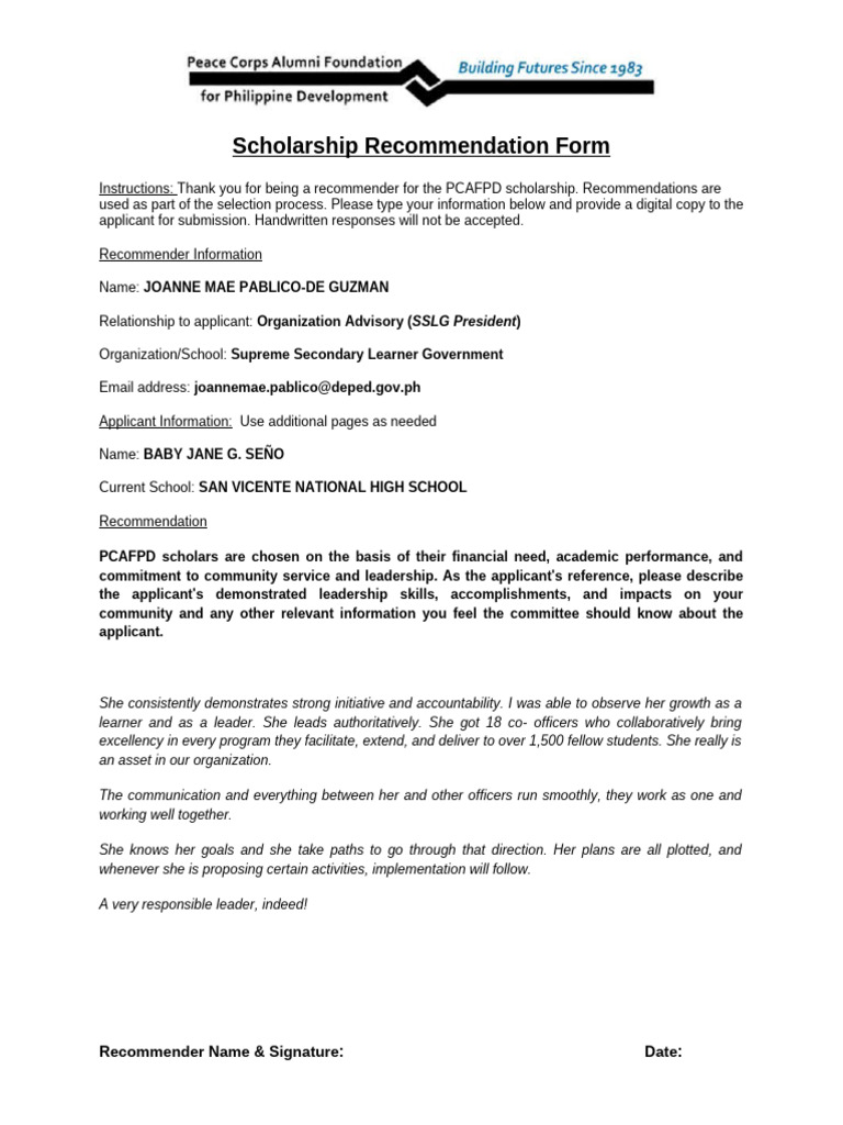 PCAFPD Scholarship Recommendation Form | PDF