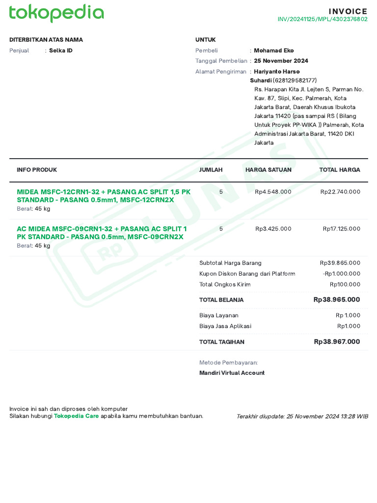 Invoice Pembelian AC Midea 25 Nov 2024 | PDF