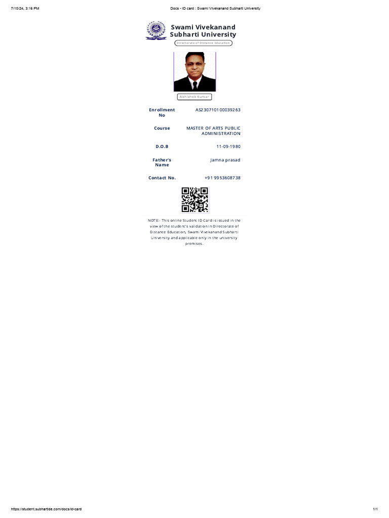 Docs - ID Card - Swami Vivekanand Subharti University | PDF