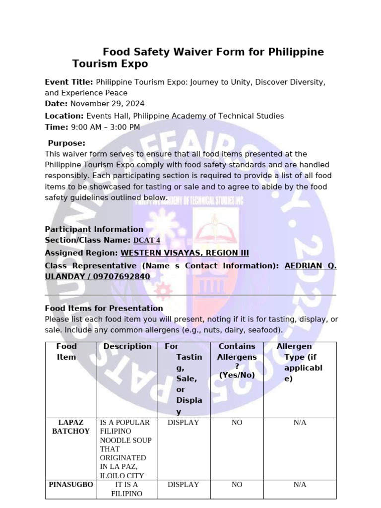 Food Safety Waiver for Philippine Expo | PDF | Cuisine | Food And Drink