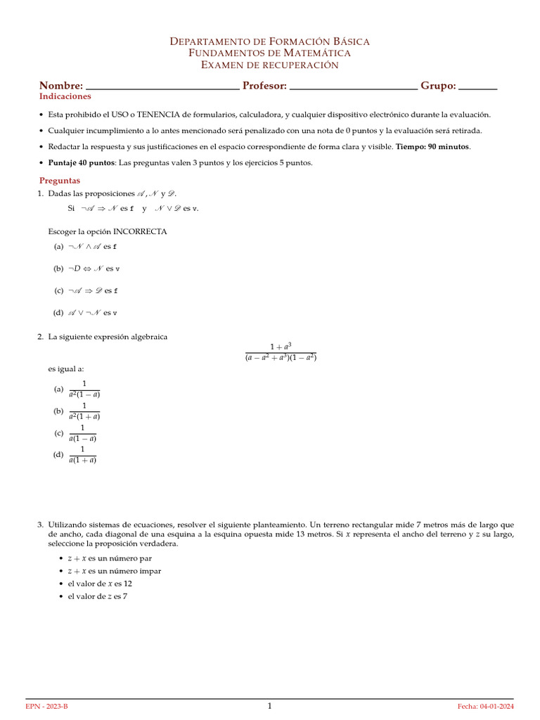 Examen de Recuperación 2023-B | PDF | Matemáticas | Objetos matemáticos