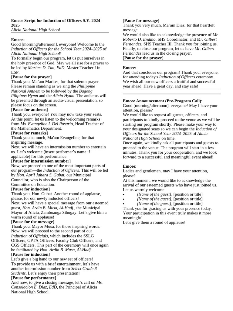 Emcee Script For Induction of Officers S | PDF