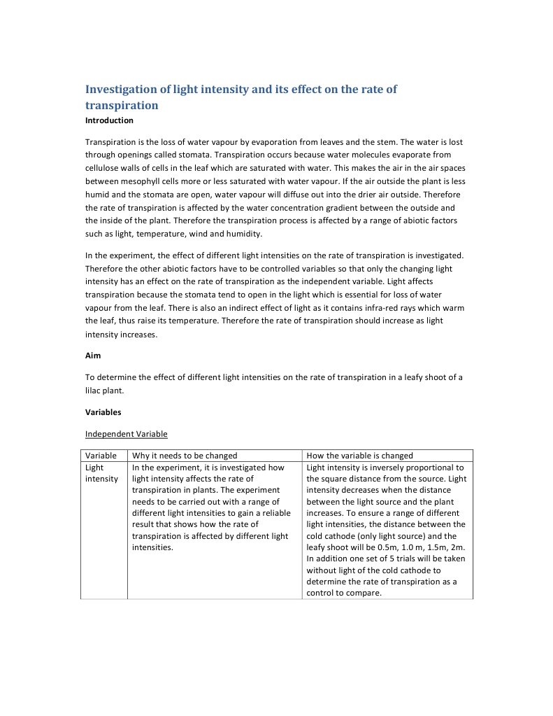 Light Intensity and Transpiration | PDF
