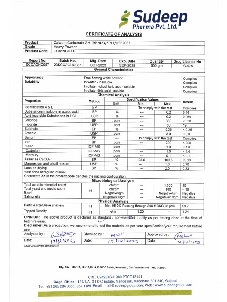 COA Calci Carbonate GH Sudeep Cũ | PDF | Vegetarianism | Genetically Modified Organism