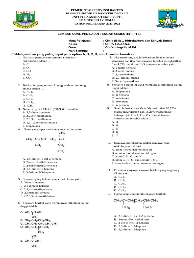 Soal PTS Kimia Kelas Xi - Hidrokarbon 2021 | PDF