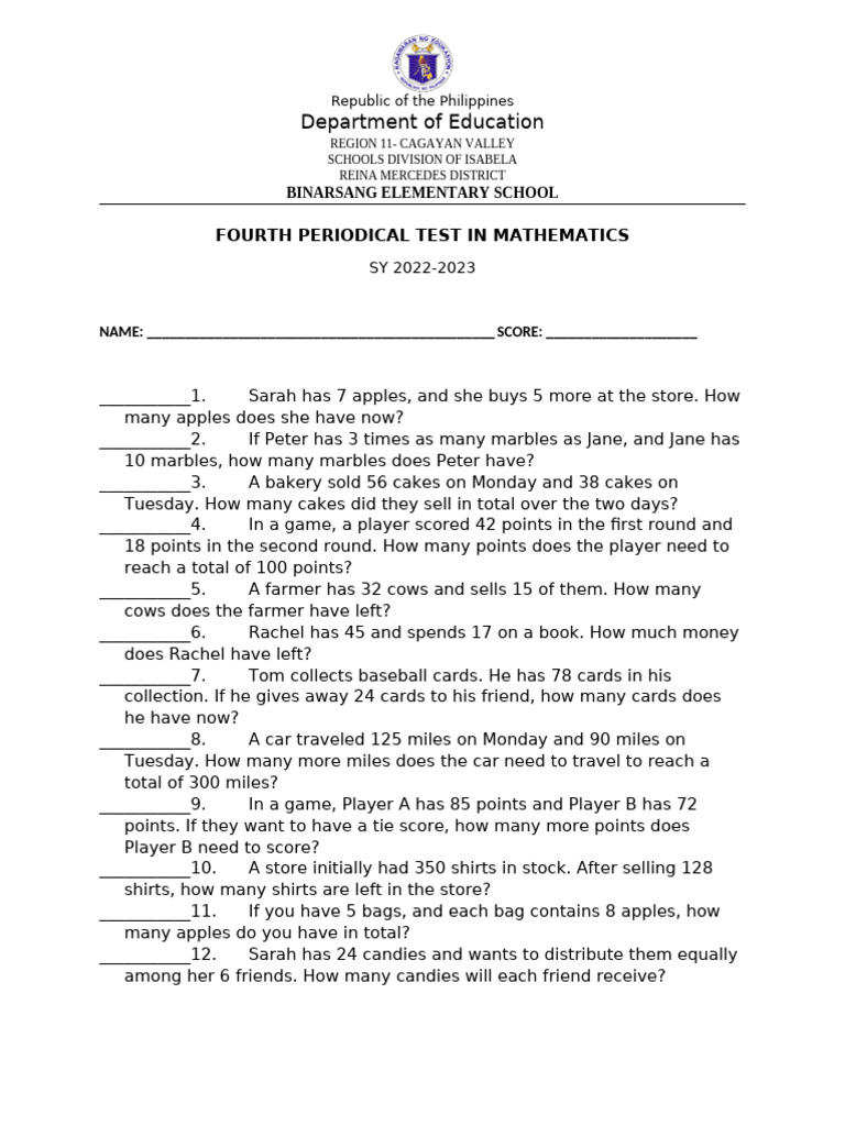 Fourth Periodical Test in Mathematics | PDF