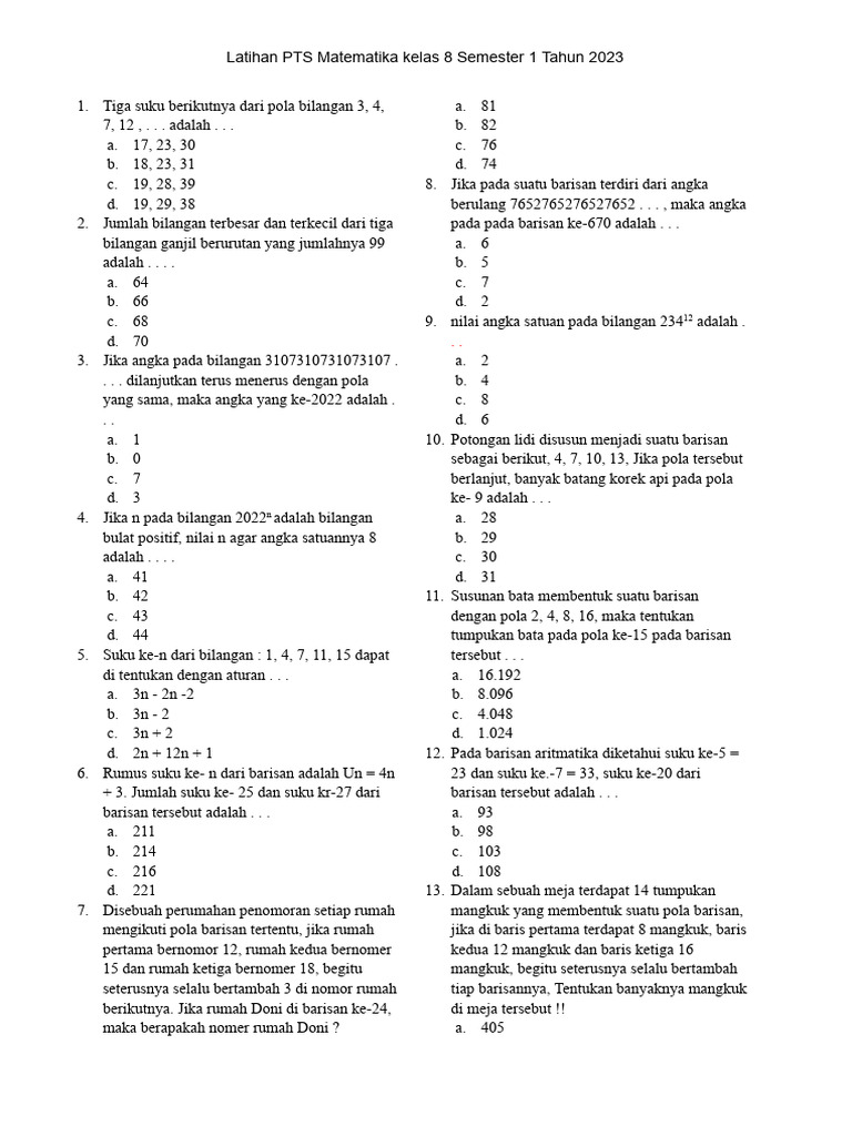 Latihan PTS MTK Kelas 8 | PDF
