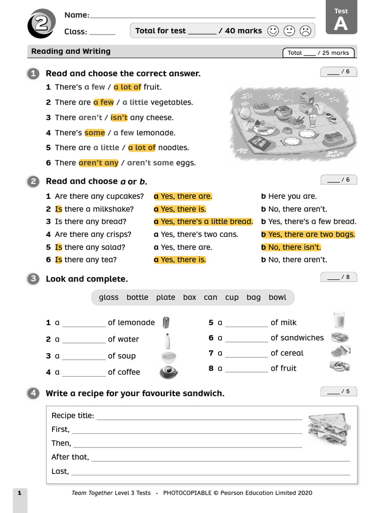 TT3 Tests Unit 2A 副本 | PDF | Cooking | Foods