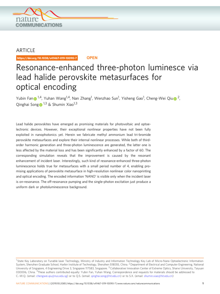 Fan 等。 - 2019 - Resonance-enhanced three-photon luminesce via lead ...