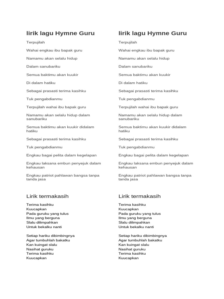 Lirik Lagu Hymne Guru | PDF