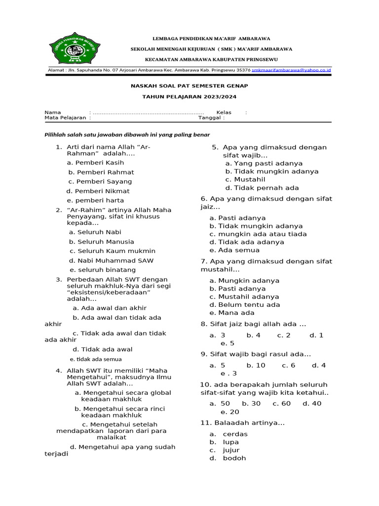 soal PAT kifayatul awam kls 12 smk | PDF