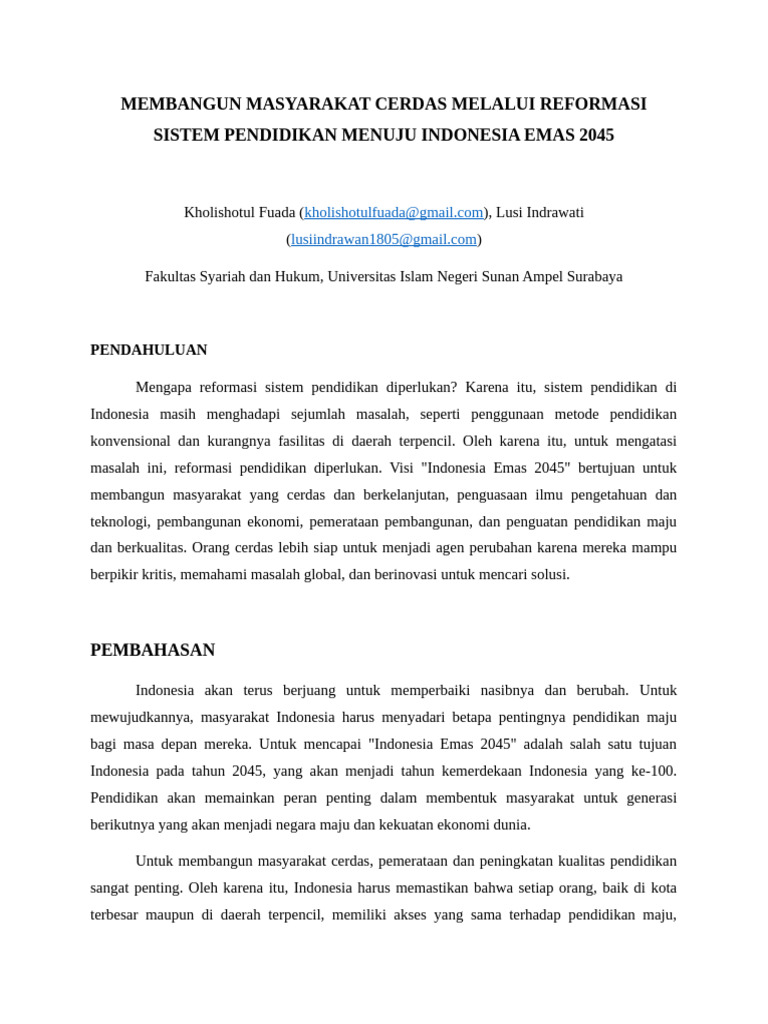 Membangun Masyarakat Cerdas Melalui Reformasi Sistem Pendidikan Menuju Indonesia Emas 2045 | PDF