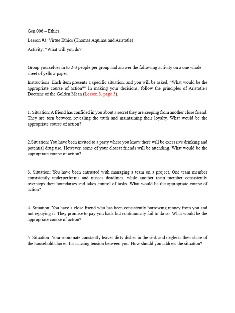 Ethics Lesson 3 Activity | PDF