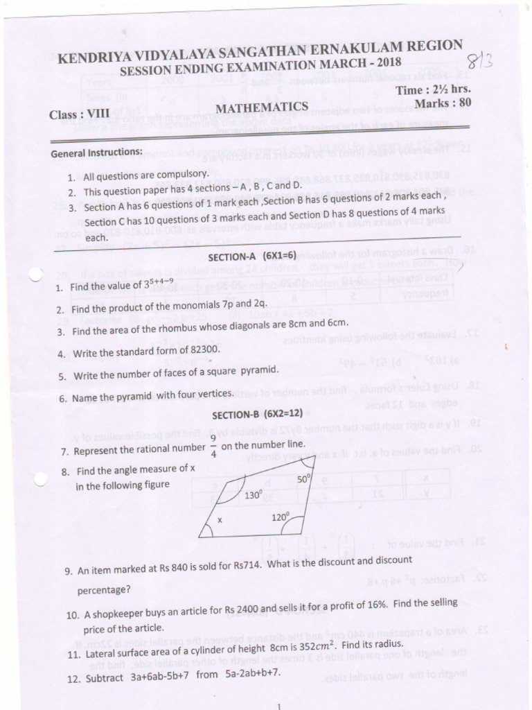 Class VIII Mathematics Session Ending Examination 2018 | PDF | Area | Euclidean Geometry