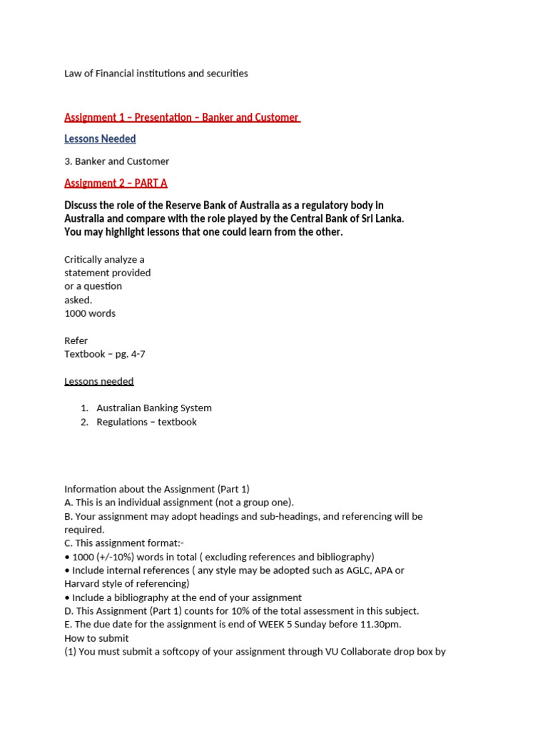 3 ASSIGNMENTS Law of Financial Institutions and Securities | PDF | Economies | Banking