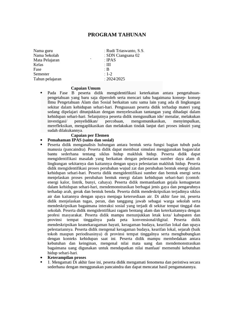 Program Tahunan - Program Semester Ipas Kelas 3 | PDF