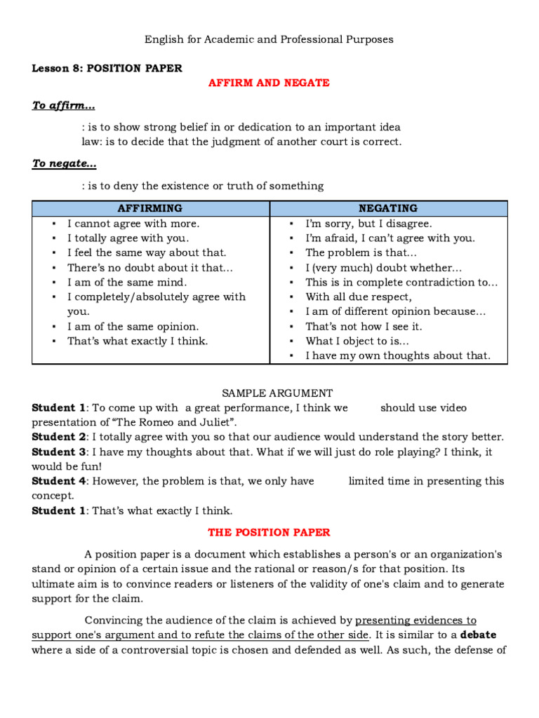 Lesson 8 - Position Paper | PDF | Thought | Evidence