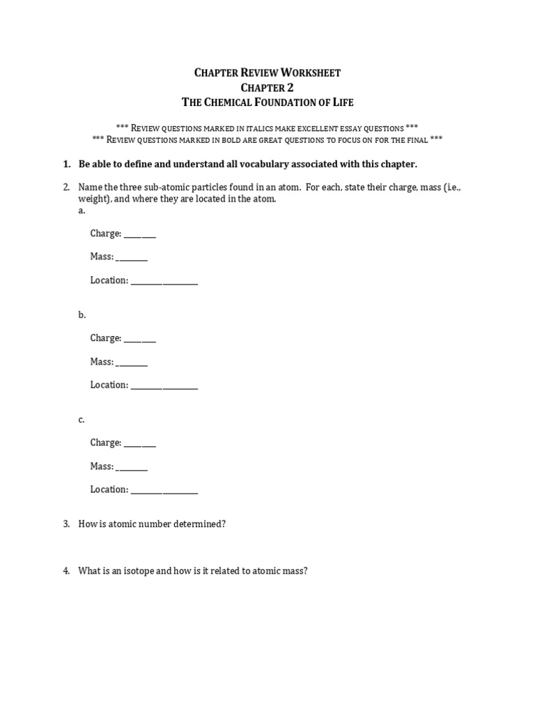 Chemical Foundation of Life - Chapter Review | PDF