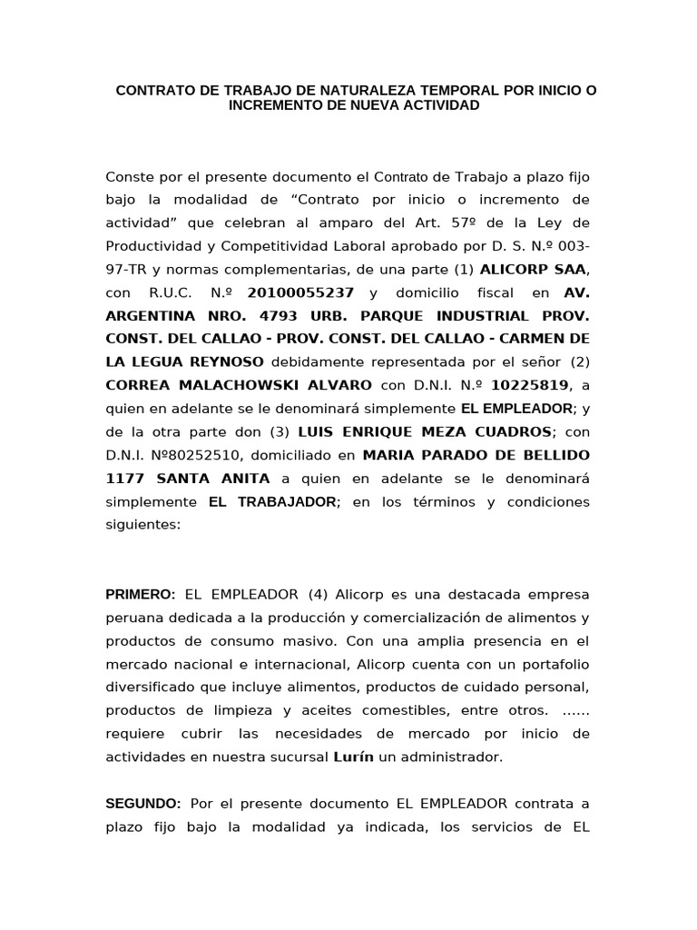 Contrato de Trabajo de Naturaleza Temporal Por Inicio o Incremento de Nueva Actividad 1 | PDF ...