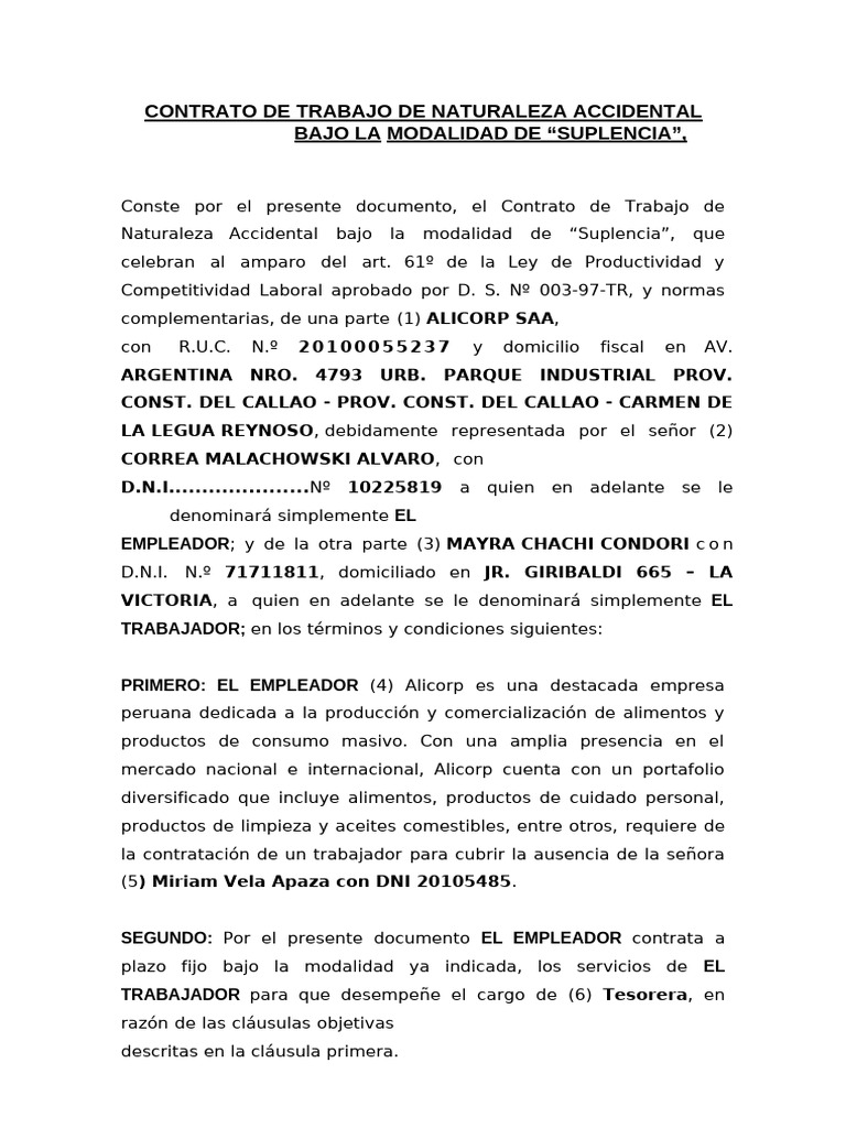 Contrato de Trabajo de Naturaleza Accidental Bajo La Modalidad de Suplencia 4 | PDF | Derecho ...