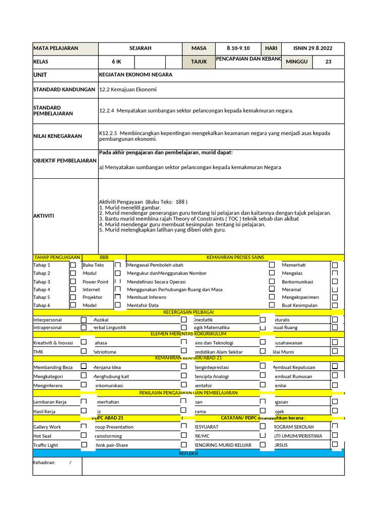 RPH 2023 KSSR Tahun 6 Sejarah | PDF