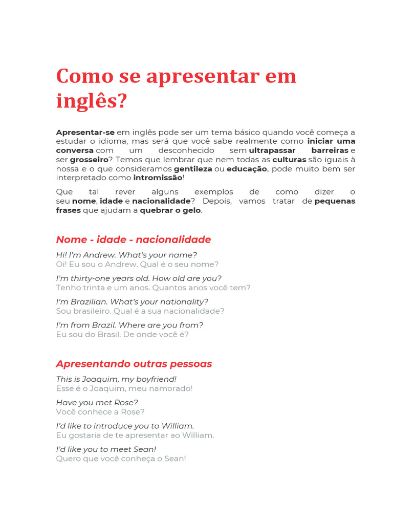Como Se Apresentar em Inglês | PDF