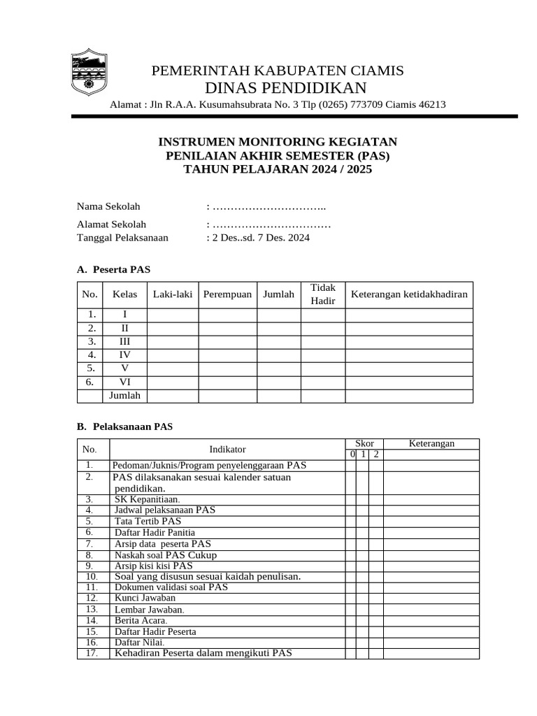 Instrumen Monitoring PAS 2024 | PDF