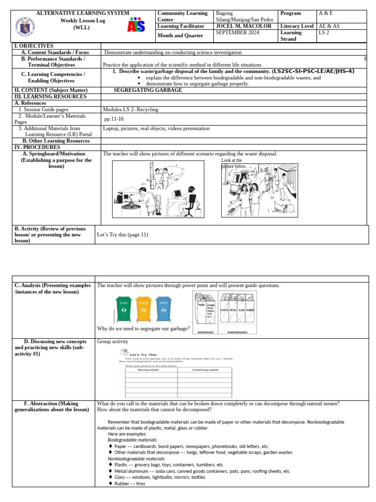 Waste Segregation for ALS Learners | PDF | Learning | Waste Management