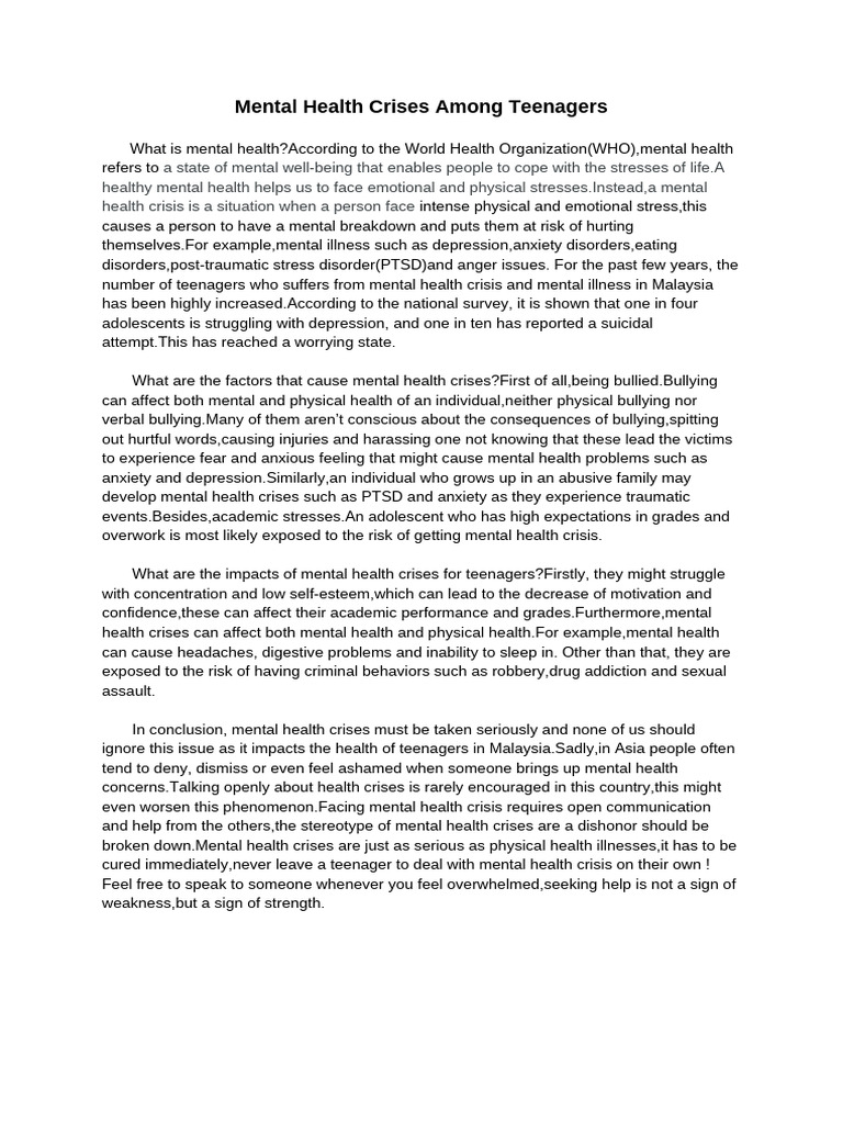 Mental Health Crises Among Teenagers | PDF | Mental Health | Bullying