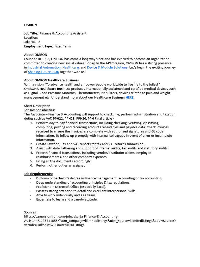 Finance & Accounting Assistant Role at OMRON | PDF