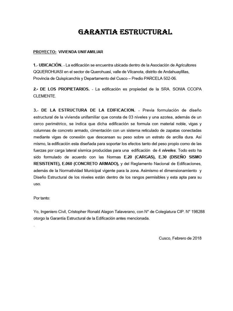 Carta de Garantia Estructural | PDF