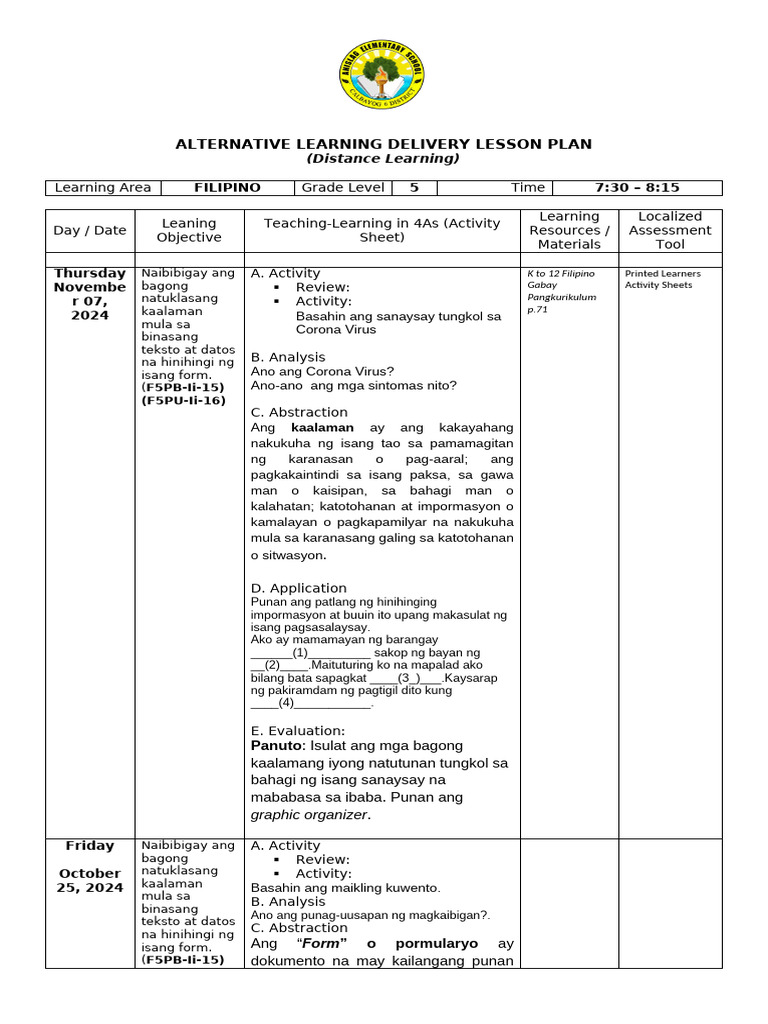 Alternative Lesson Plan For Distance Learning | PDF