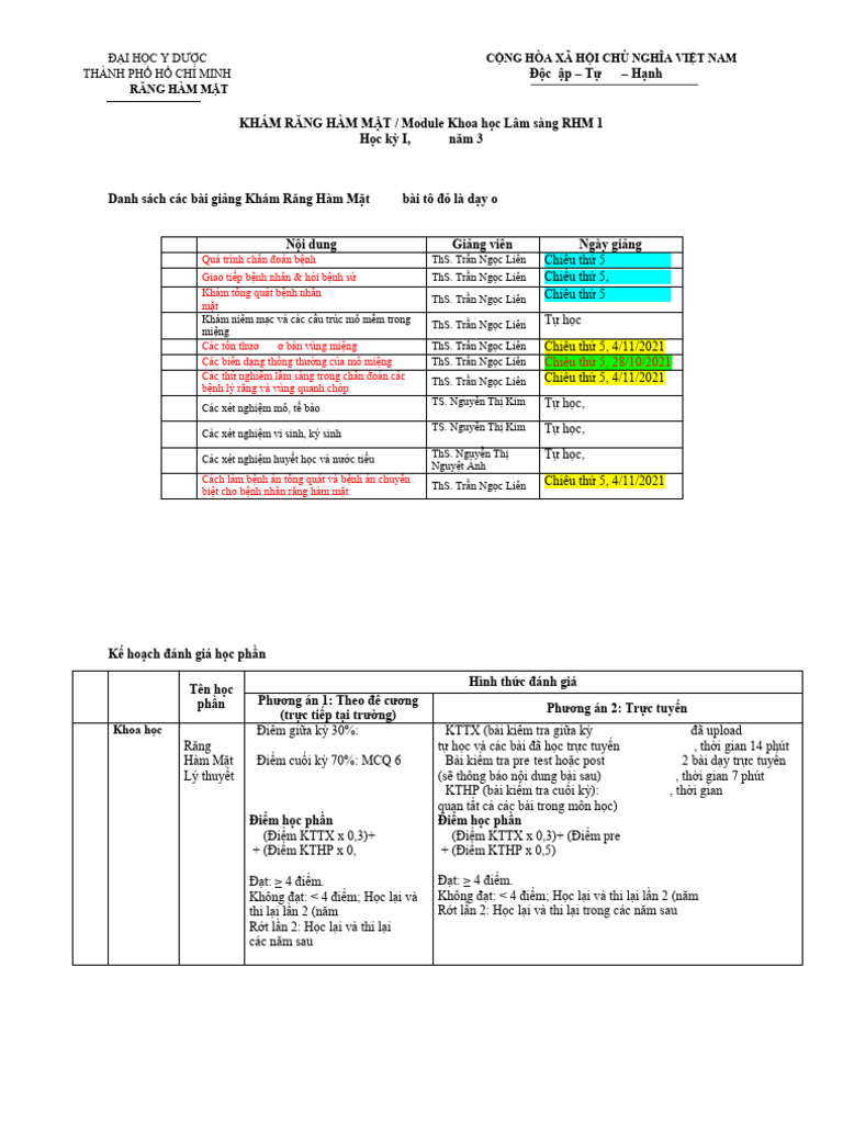 Kế Hoạch Giảng Dạy Và Đánh Giá Khám RHM | PDF