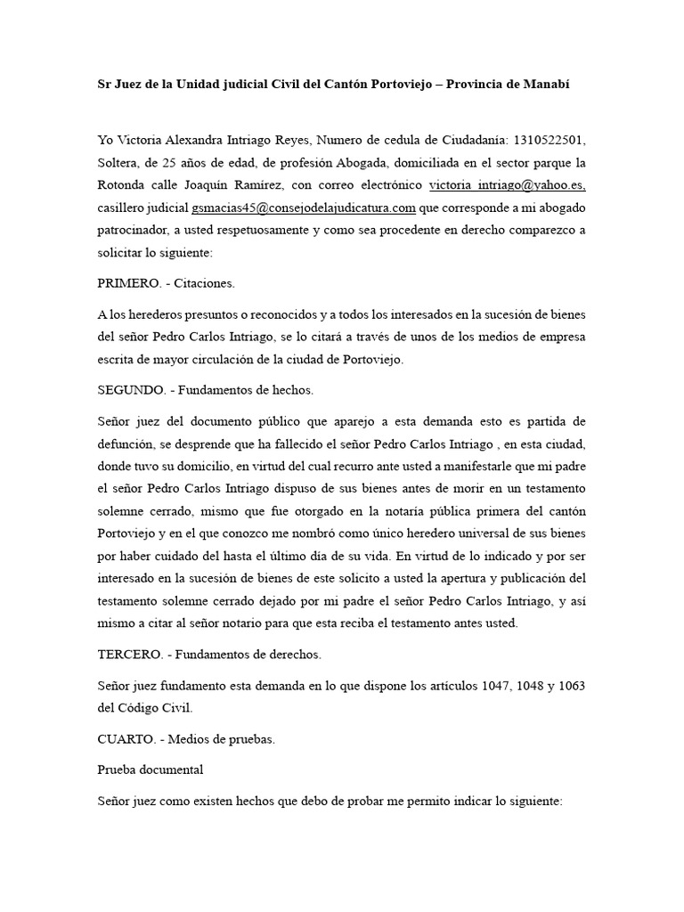 SR Juez de La Unidad Judicial Civil Del Cantón Portoviejo | PDF ...