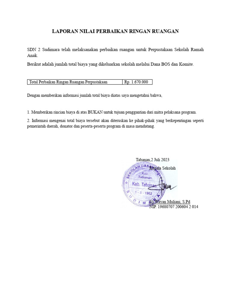 Laporan Nilai Perbaikan Ringan Ruangan | PDF
